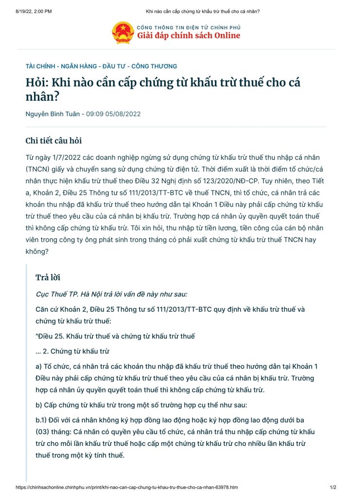 Thời điểm cấp chứng từ khấu trừ thuế TNCN điện tử - Gonnapass